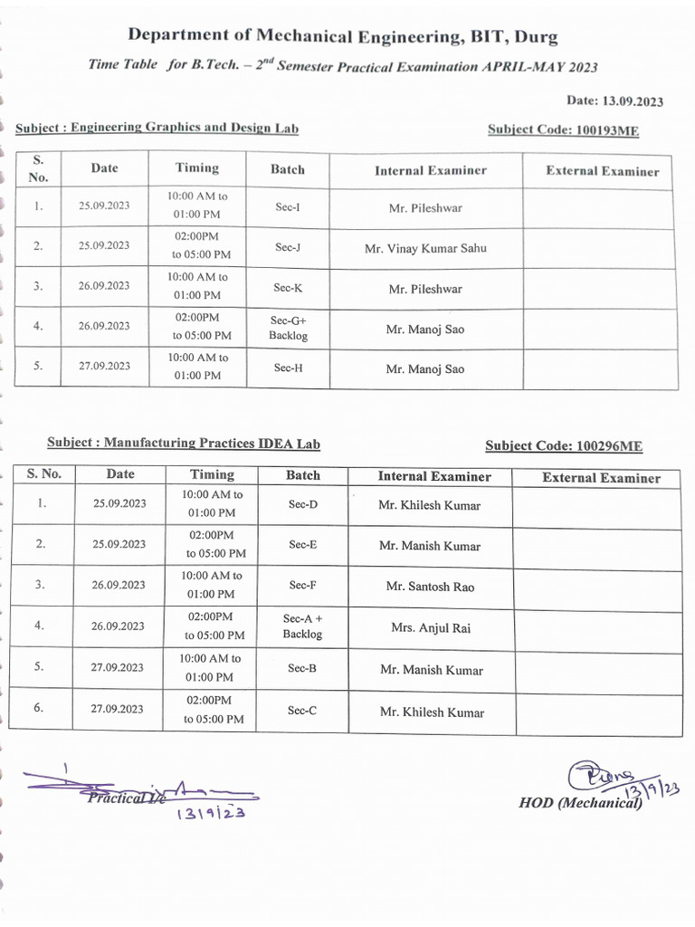 BTech 2nd Sem Practical Time Table | PDF
