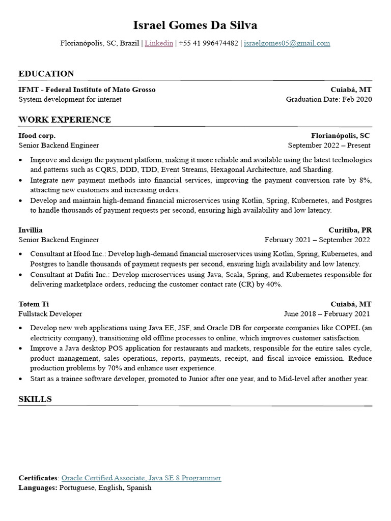 Israel Gomes Da Silva Resume | PDF | Java (Programming Language ...