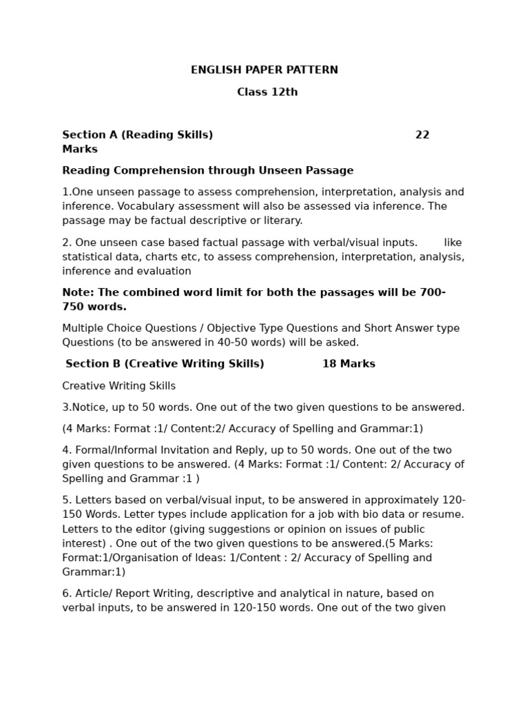 English Paper Pattern 25-26 | PDF | Reading Comprehension | Human ...
