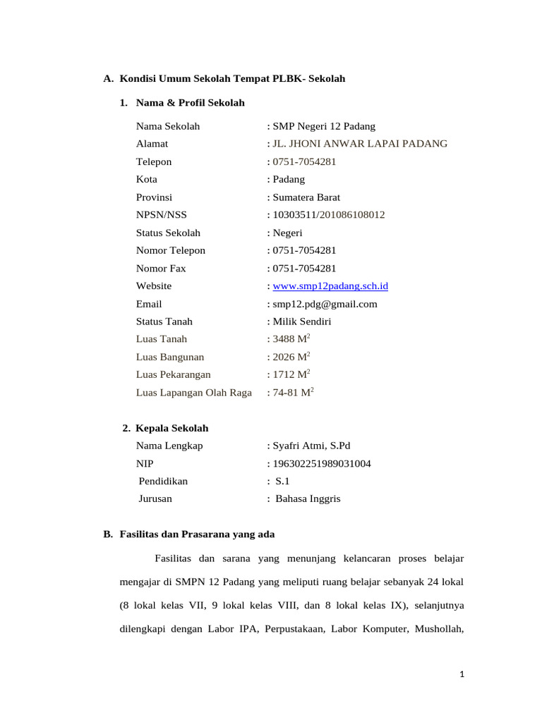 Profil SMP Negeri 12 Padang dan Fasilitasnya | PDF