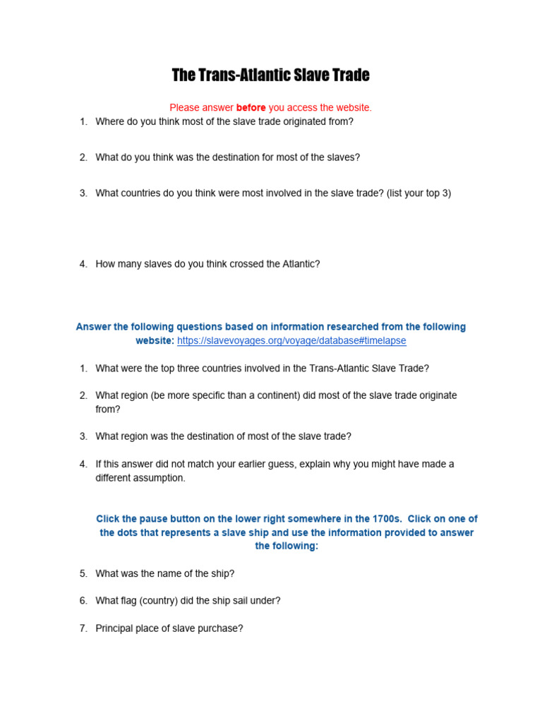 The Trans-Atlantic Slave Trade Worksheet | PDF