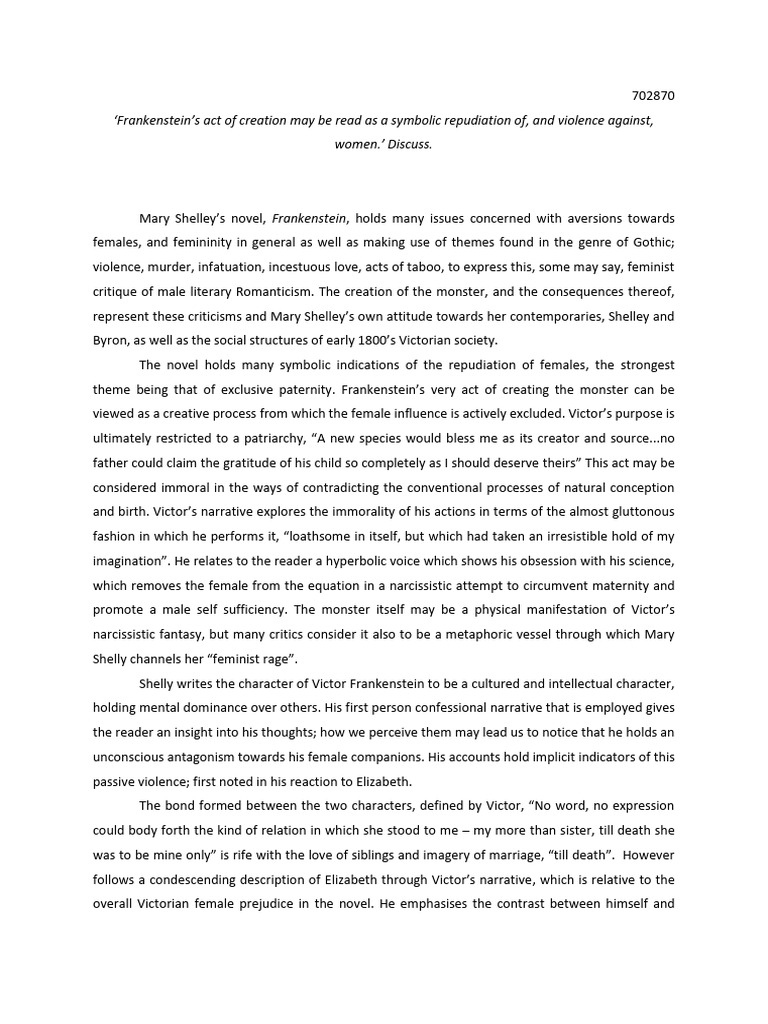 Frankenstein's Act of Creation May Be Read As A Symbolic Repudiation Of ...
