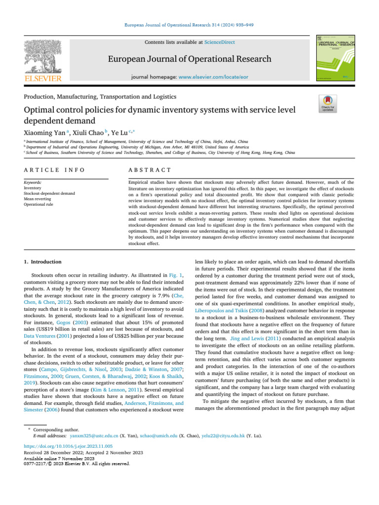 European Journal of Operational Research: Xiaoming Yan, Xiuli Chao, Ye ...