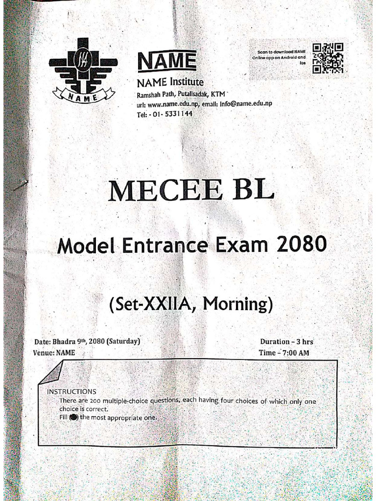 MECEE BL Model Entrance Exam 2080 by Name Institute | PDF