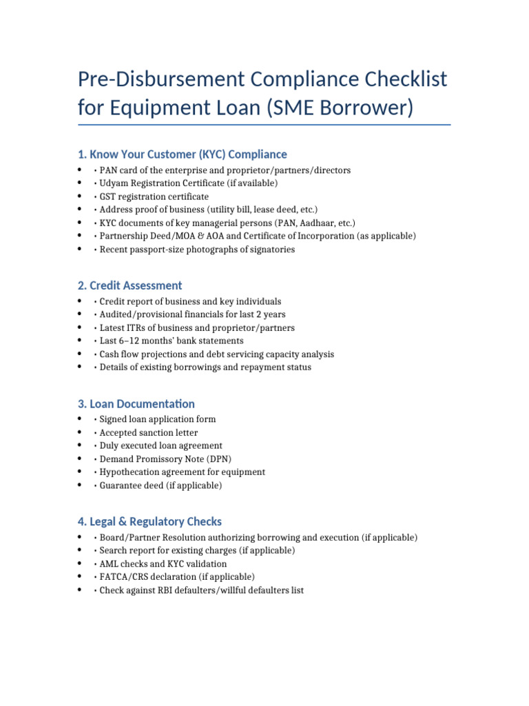 NBFC Equipment Loan Checklist SME | PDF
