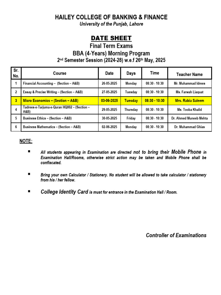 REVISED DATE SHEET Final Term Exams Date Sheet 26-05-2025 | PDF ...