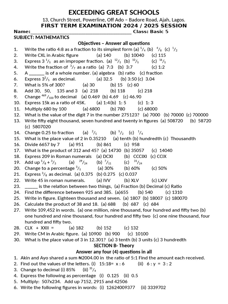 Maths 2024 2025 1ST Term-1 | PDF | Odds | Ratio