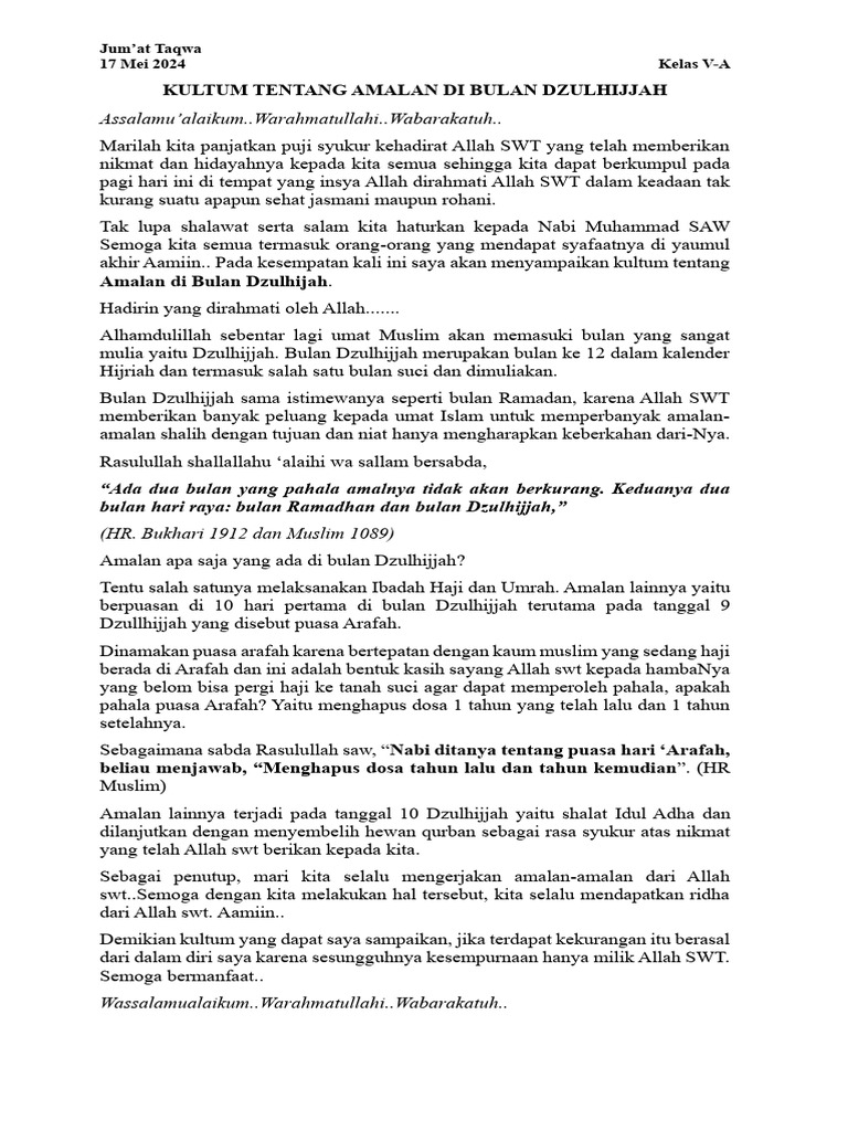 Kultum Tentang Amalan Di Bulan Dzulhijjah | PDF