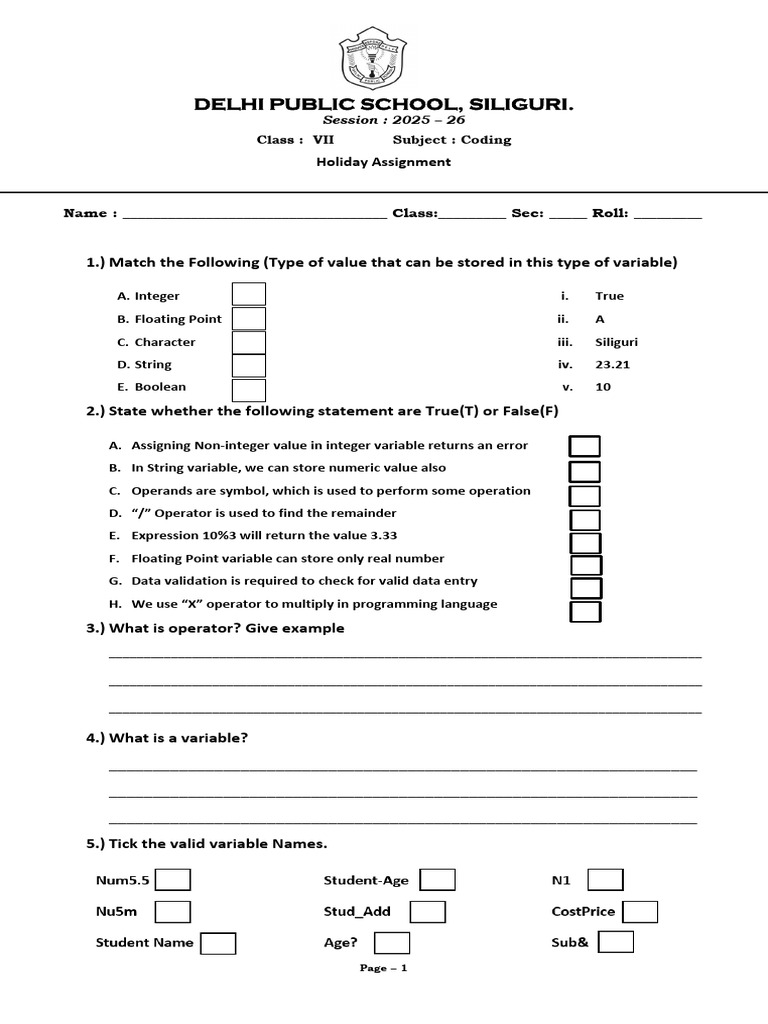 Class 7 Holiday Assignment 25-26 | PDF