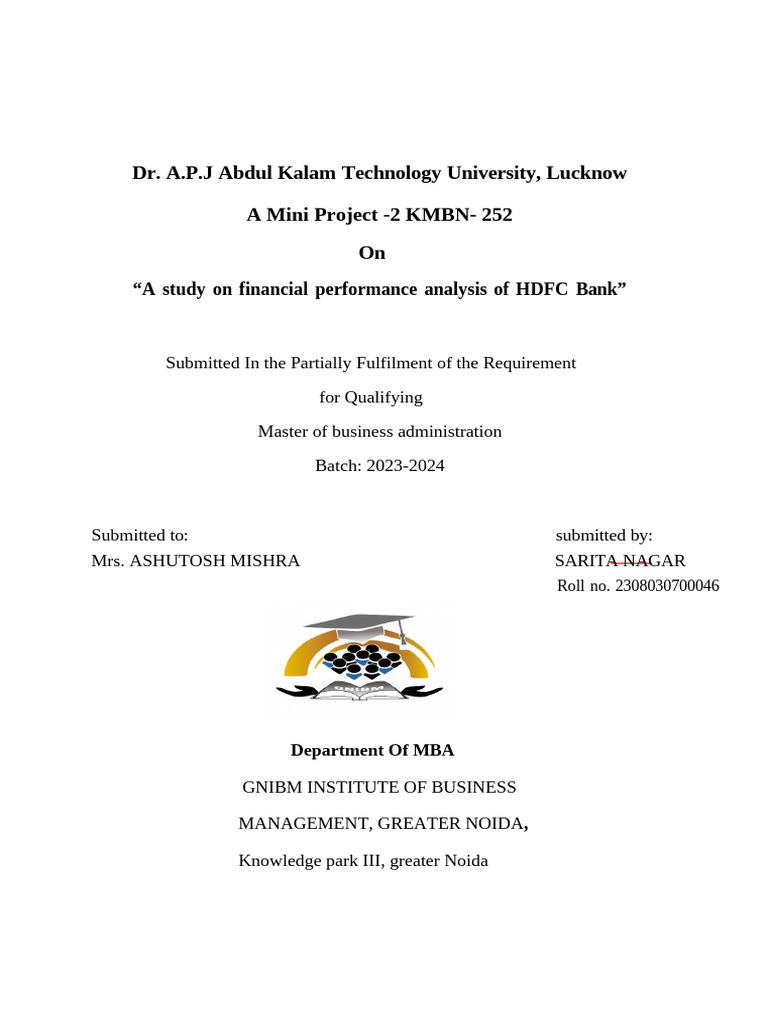 A Study On Financial Performance Analysis of HDFC Bank | PDF | Credit ...