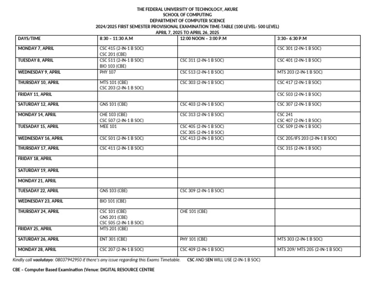 Time-Table First Semester Students' Copy 2025 | PDF
