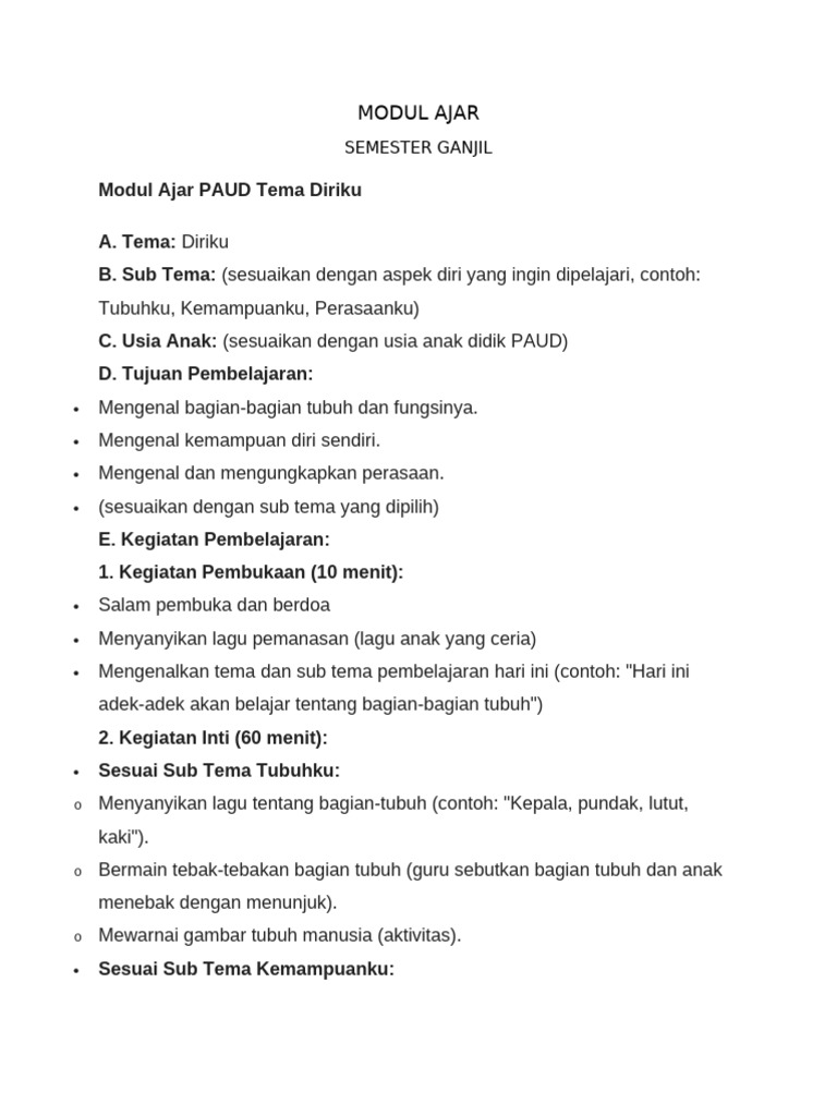 Modul Ajar PAUD: Tema Diriku dan Keluargaku | PDF