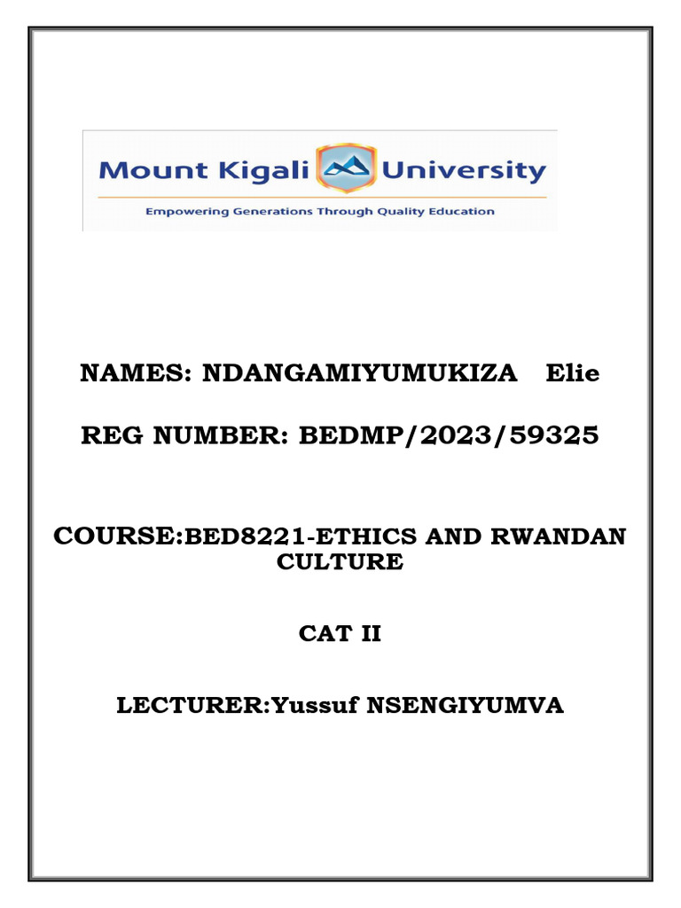 BED221-ETHICS AND RWANDAN CULTURE CAT2 (Elie) | PDF | Rwanda | Rituals