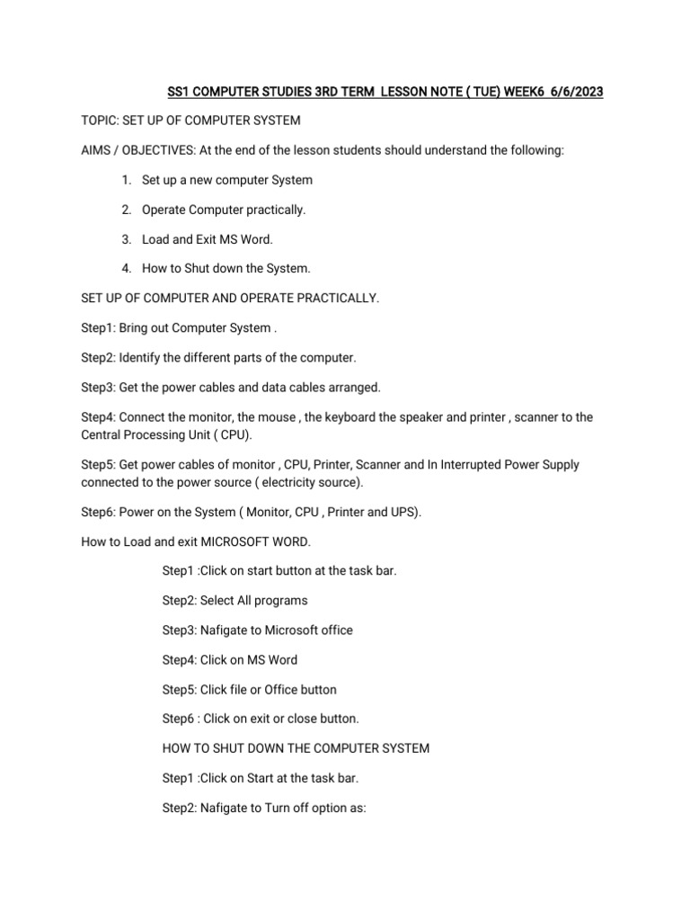 ss1 Computer St-Week6 (Tue) 3rdvterm Lesson Note | PDF