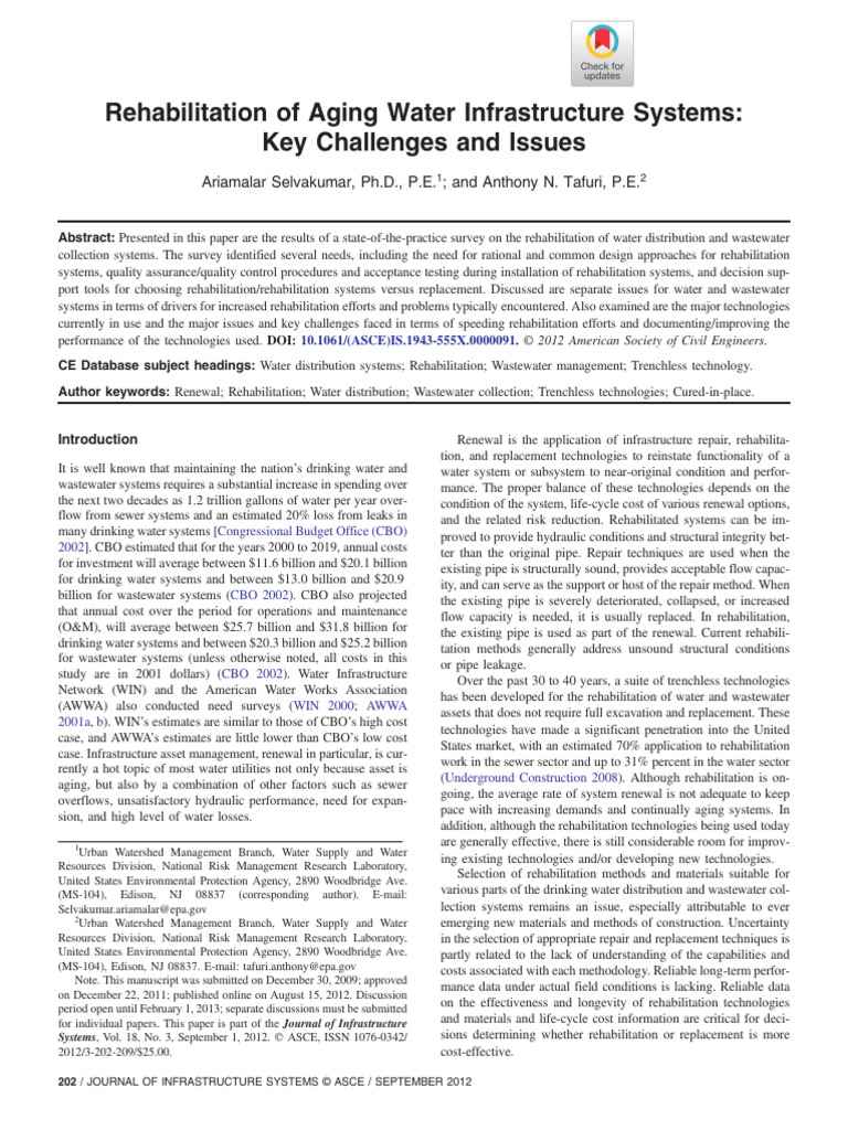 Rehabilitation of Aging Water Infrastructure SystemsKey Challenges and ...