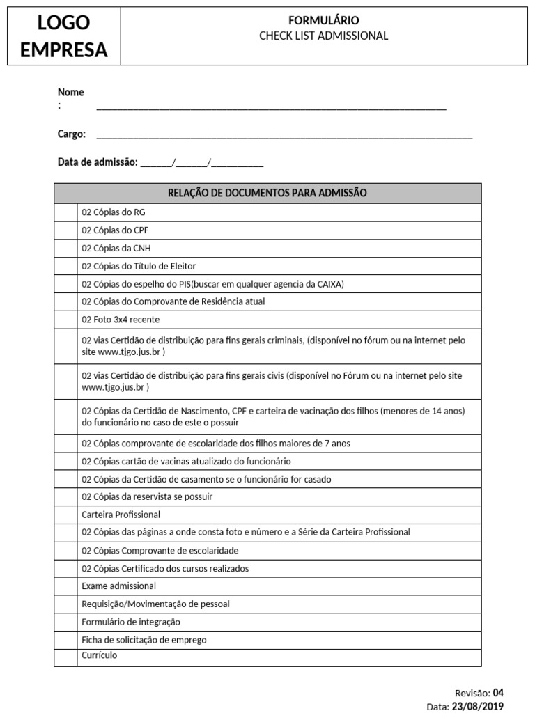 Formulario Check List Admissional Atual | PDF