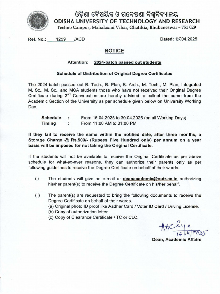 Notice - Schedule - Distribution - Original Degree Certificate - 2024 | PDF