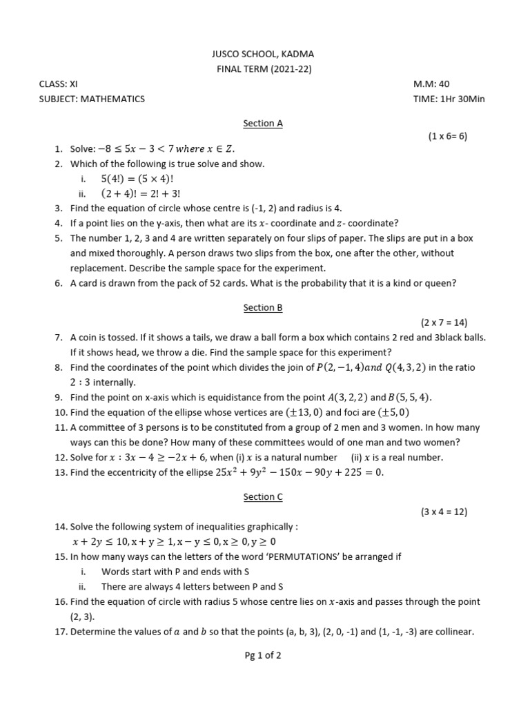 Final STD 11 Math | PDF
