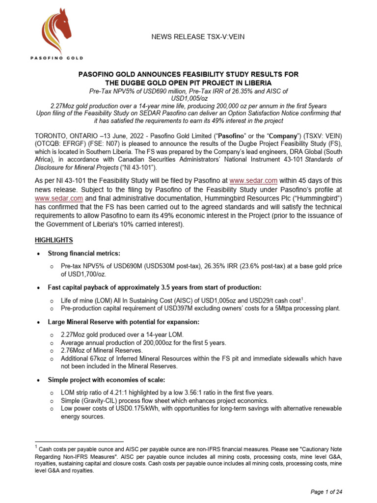 Pasofino Gold Announces Feasibility Study Results For The Dugbe Gold ...