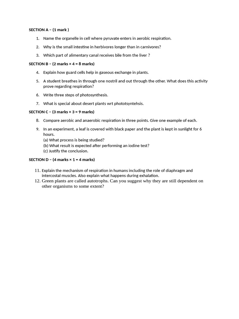 NUTRITION AND RESPIRATION extra questions | PDF