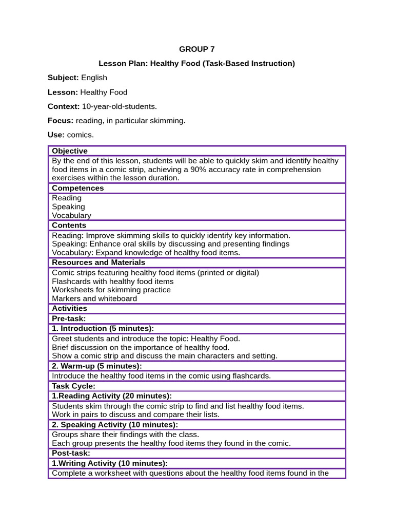 GROUP 7 Lesson Plan Healthy Food (Task-Based Instruction) | PDF