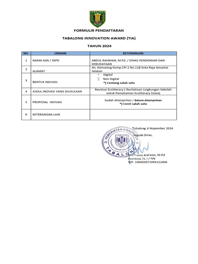 FORMAT PROPOSAL KATEGORI INOVASI ASN OPD TIA 2024-3 | PDF