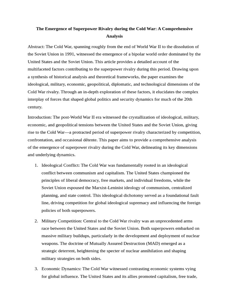 Emergence of Superpower Rivalry IBDP History Cold War Notes | PDF ...