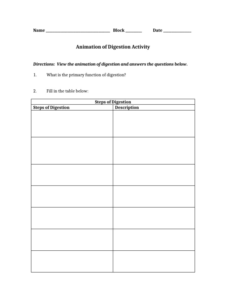 Animation of Digestion Activity | PDF