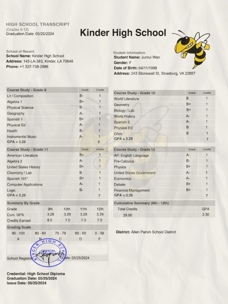 Kinder High School Transcript | PDF