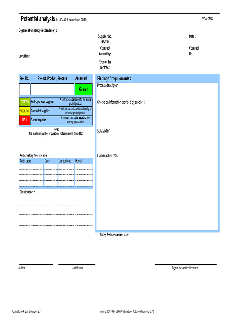 VDA Band 06.3 E Process Audit 2010 Chapter 9.3 Potential Analysis | PDF ...