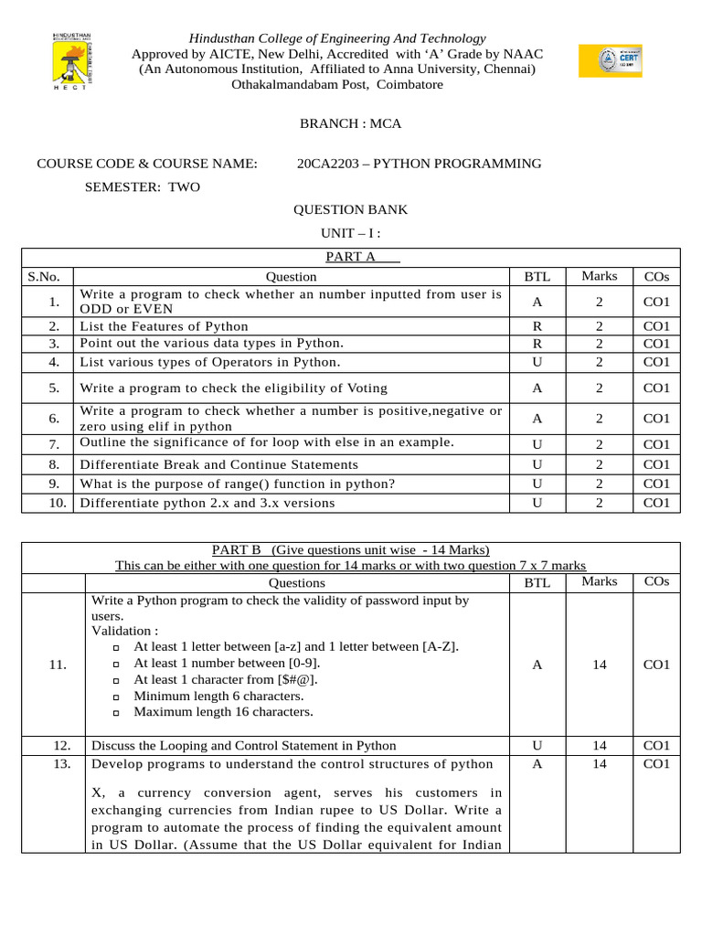 20ca2203 Python Programming Qb End Semester Pdf Computer Programming