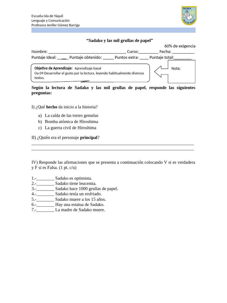 Sadako y Las Mil Grullas de Papel | PDF