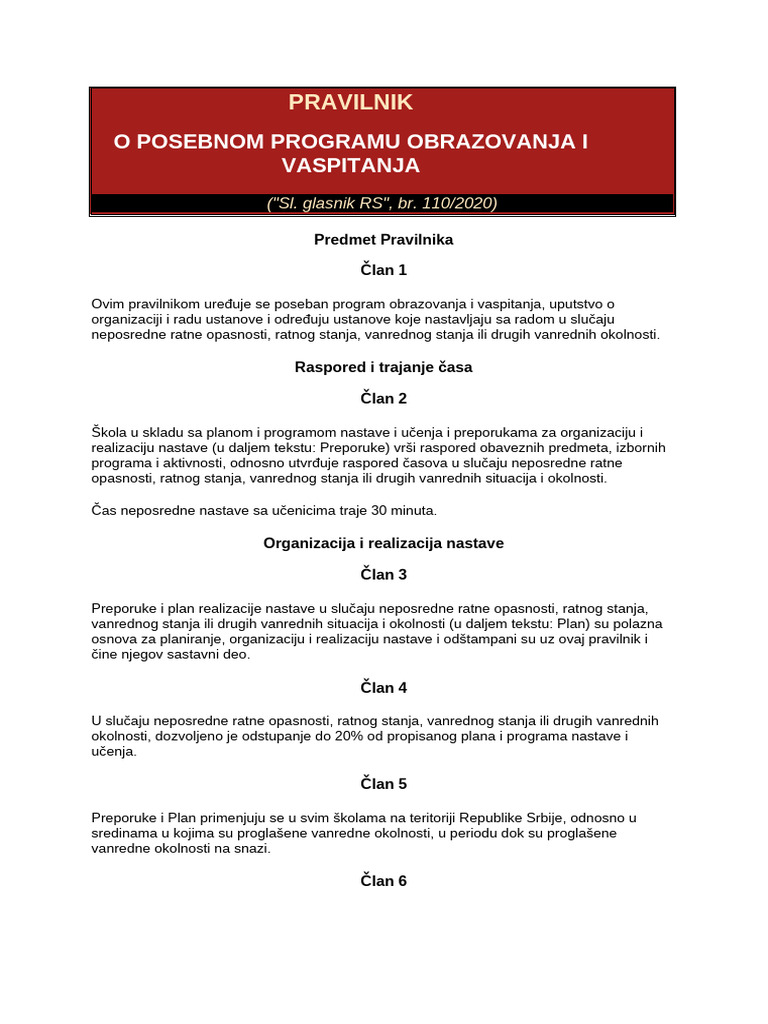 Pravilnik o Posebnom Programu Obrazovanja I Vaspitanja 01092020 | PDF