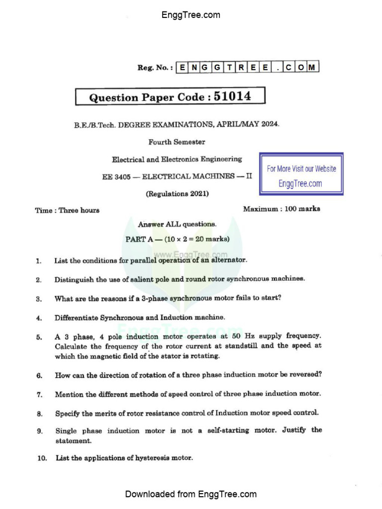 EE3405 Electrical Machines II Apr May 2024 Question Paper Download | PDF