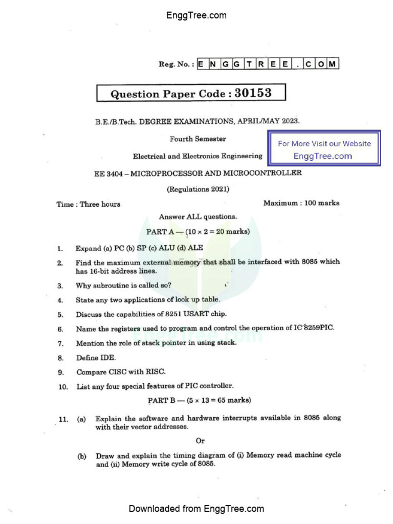 EE3404 Microprocessor and Microcontroller Apr May 2023 Question Paper Download | PDF