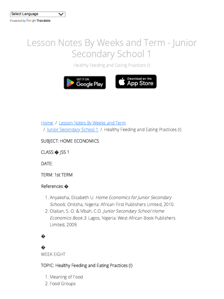 v1 Junior Secondary School 1 Lesson Notes For Jun 1 | PDF | Foods | Eating