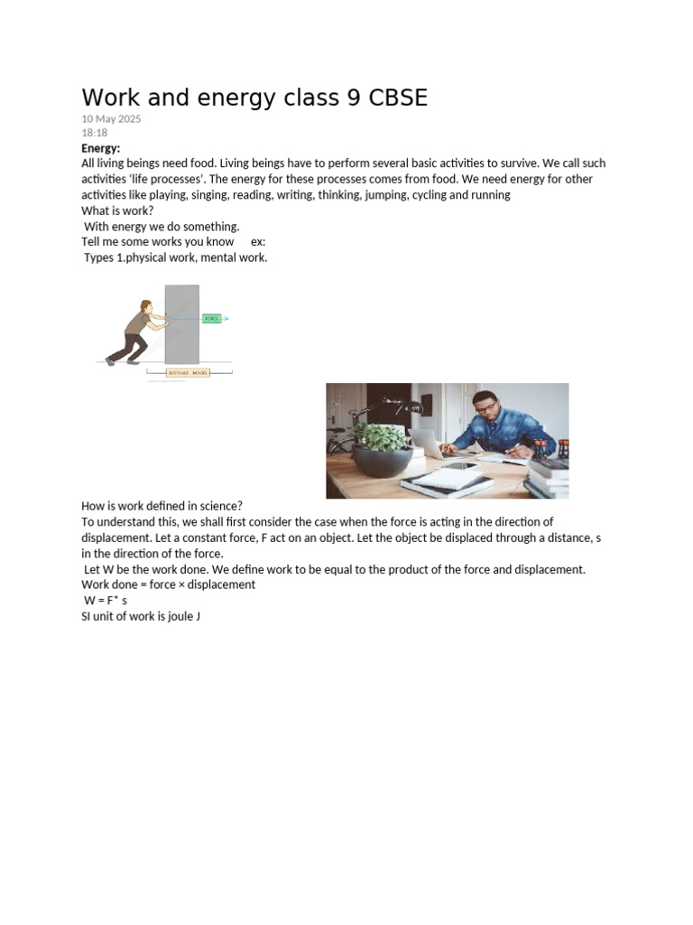 Work and Energy Concepts for Class 9 | PDF | Kinetic Energy | Velocity