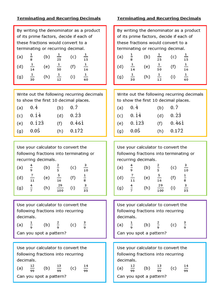Terminating and Recurring Decimals Practice Strips | PDF | Decimal ...