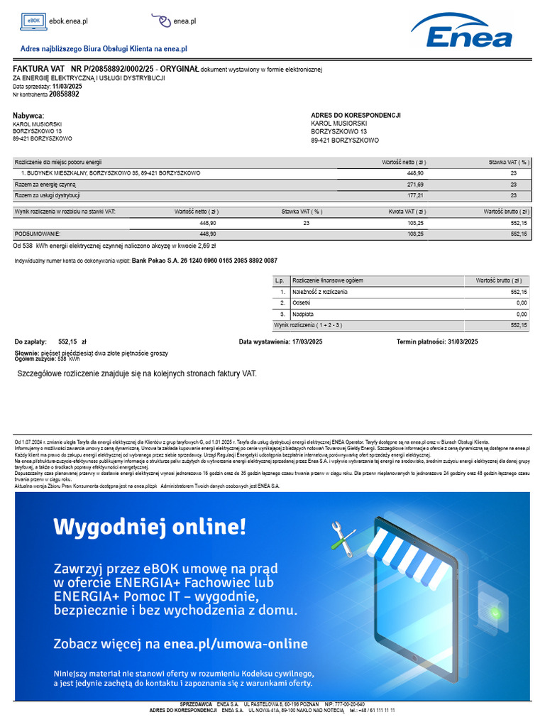 FAKTURA VAT NR P/20858892/0002/25 - ORYGINAŁ: Ebok - Enea.pl Enea - PL | PDF