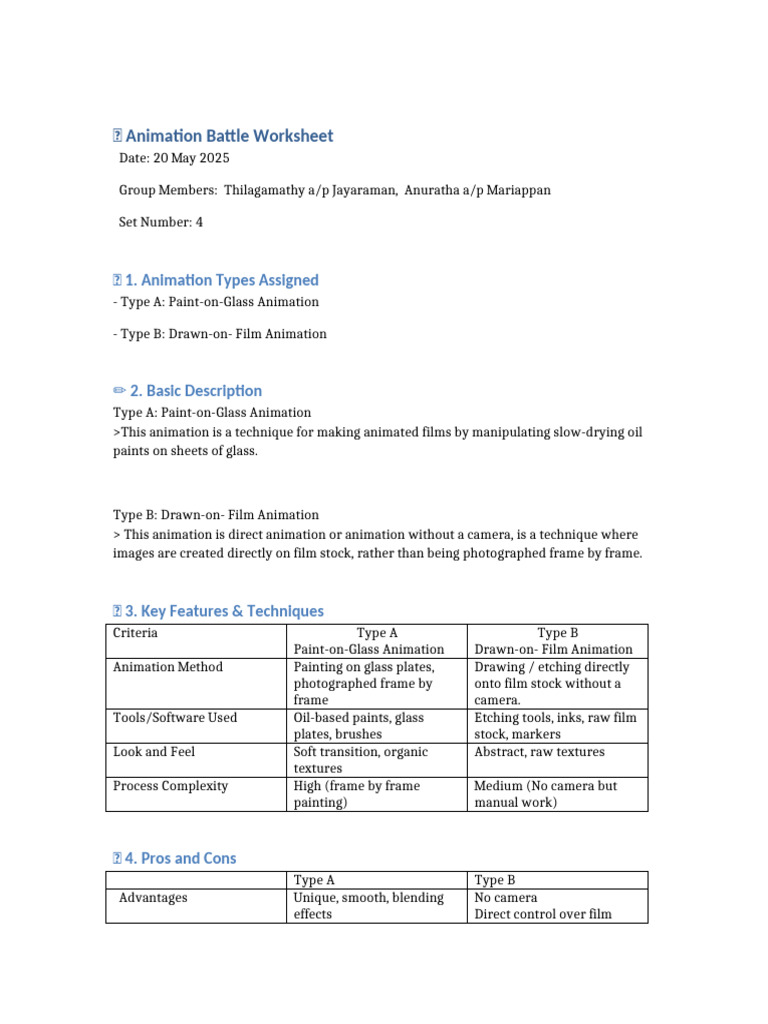 Animation Techniques Comparison Worksheet | PDF | Animation | Etching