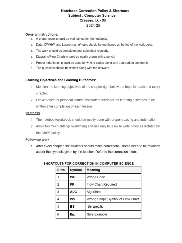 Notebook Correction Policy - Shortcuts | PDF