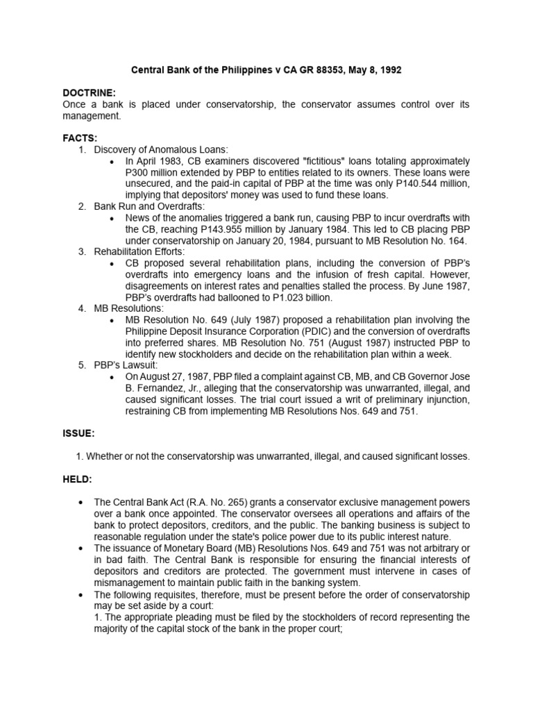 Case J. Central Bank of The Philippines V CA GR 88353 | PDF ...