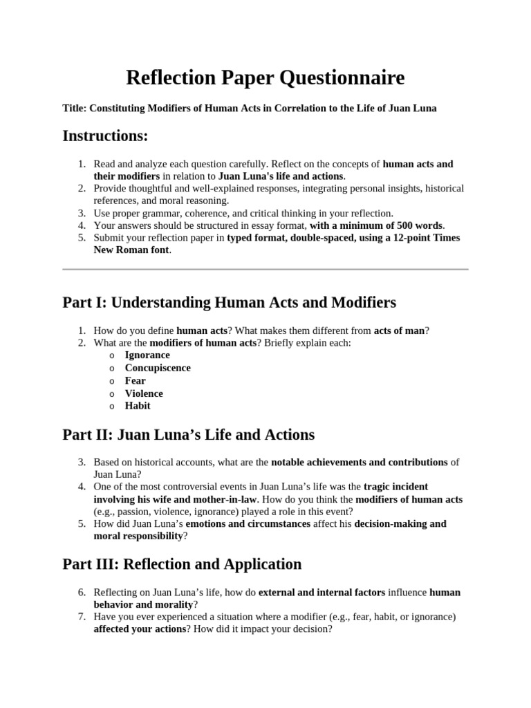 Reflection Paper Questionnaire FOR jUAN luNA | PDF | Reason | Thought