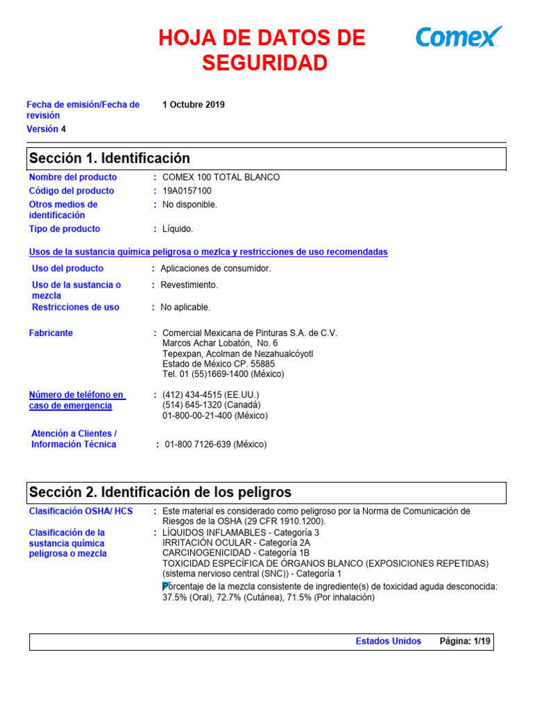 Hoja de Seguridad Comex 100 Total | PDF