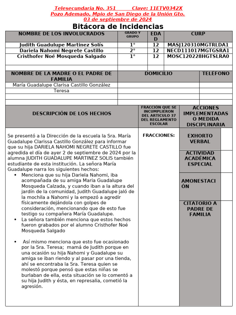Bitacora de Incidencias | PDF