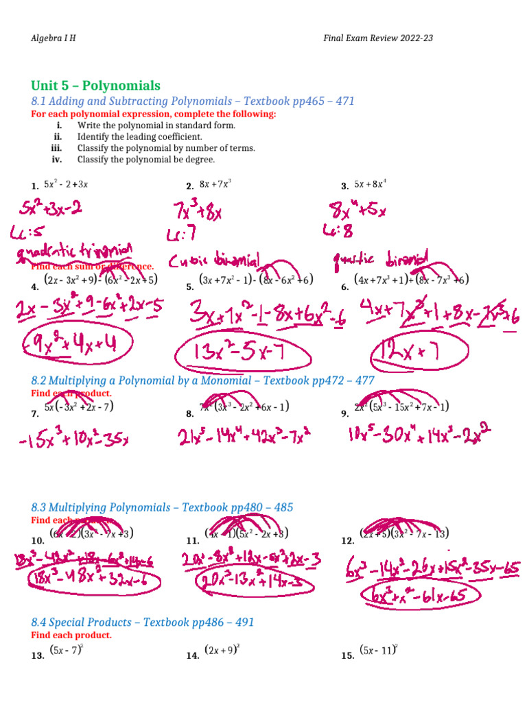A1H Final Exam Review UNIT 5 2022-23 (AutoRecovered) | PDF