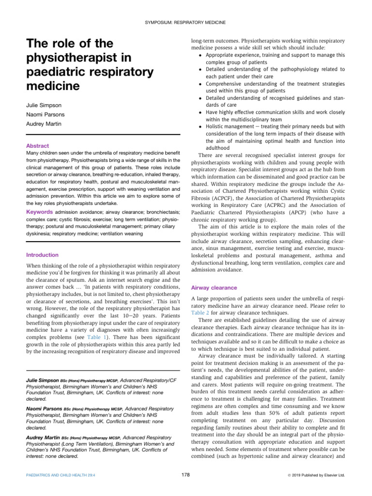 The Role of The Physiotherapist in Paediatric Respiratory Medicine ...