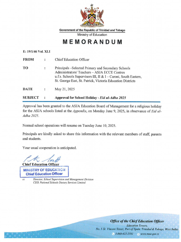 Memo - Approval For School Holiday - Eid-ul-Adha 2025 | PDF