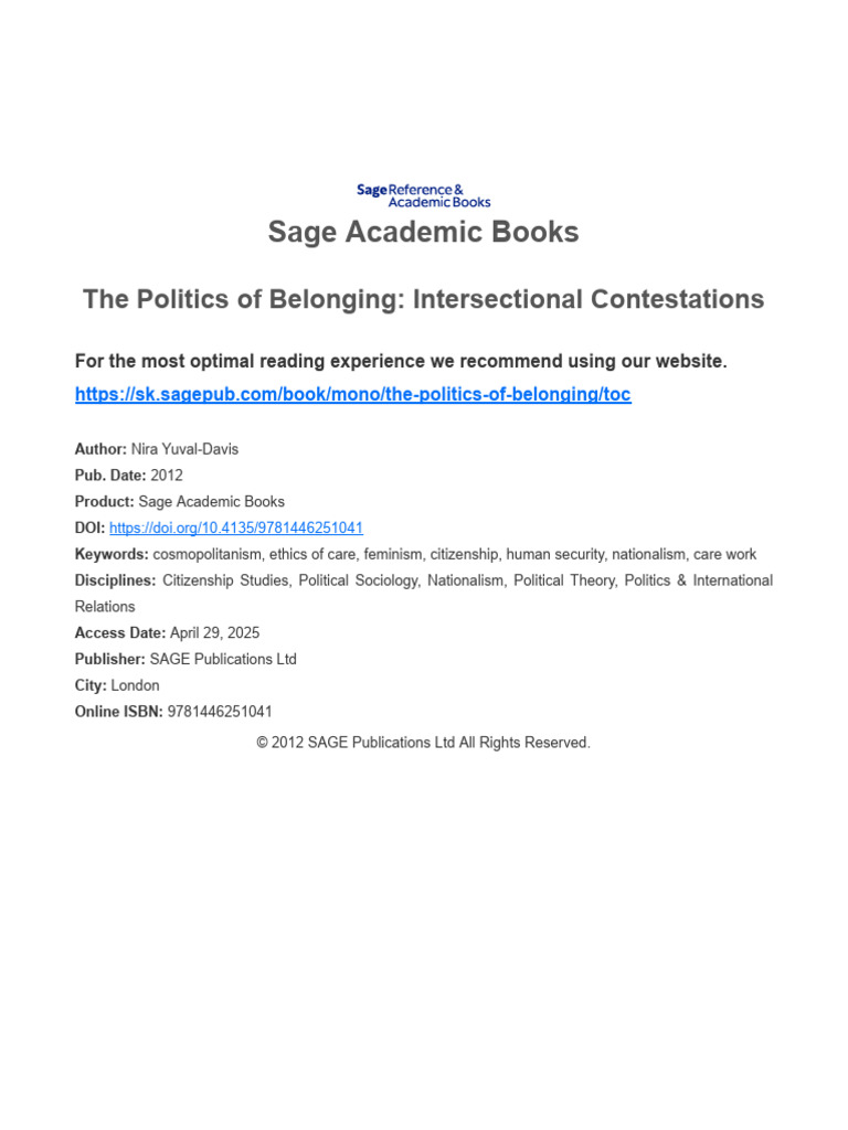 The Politics of Belonging - Yuval-Davis | PDF | Intersectionality ...