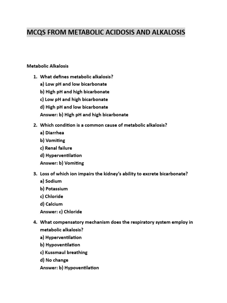MCQS Metabolic Acidosis and Alkalosis | PDF | Physiology | Medical Specialties